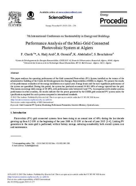 Pdf Performance Analysis Of The Mini Grid Connected Photovoltaic System At Algiers