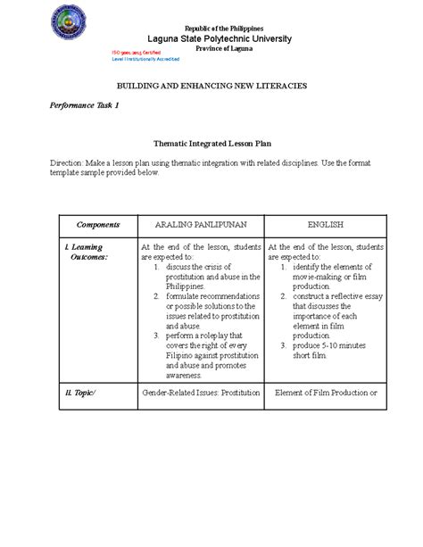 Thematic Lesson Plan Republic Of The Philippines Laguna State Polytechnic University Iso 9001