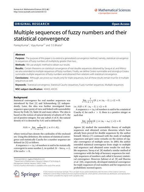 PDF Multiple Sequences Of Fuzzy Numbers And Their Statistical Convergence