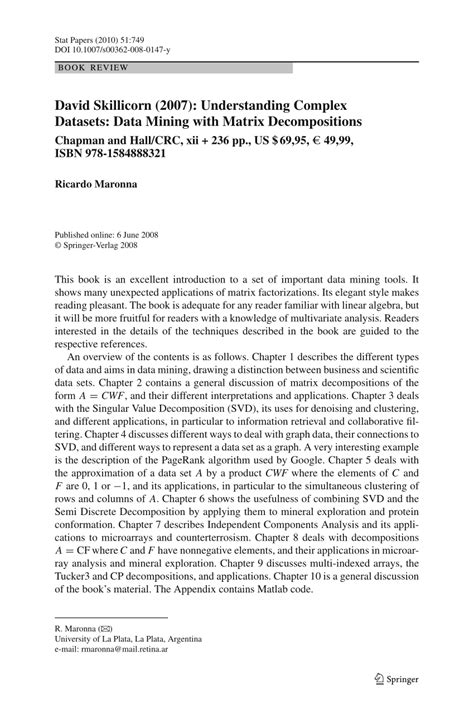 Pdf David Skillicorn 2007 Understanding Complex Datasets Data Mining With Matrix