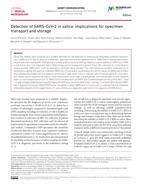 Pdf Detection Of Sars Cov 2 In Saliva Implications For Specimen Transport And Storage