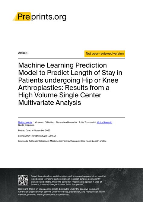 PDF Machine Learning Prediction Model To Predict Length Of Stay In Patients Undergoing Hip Or