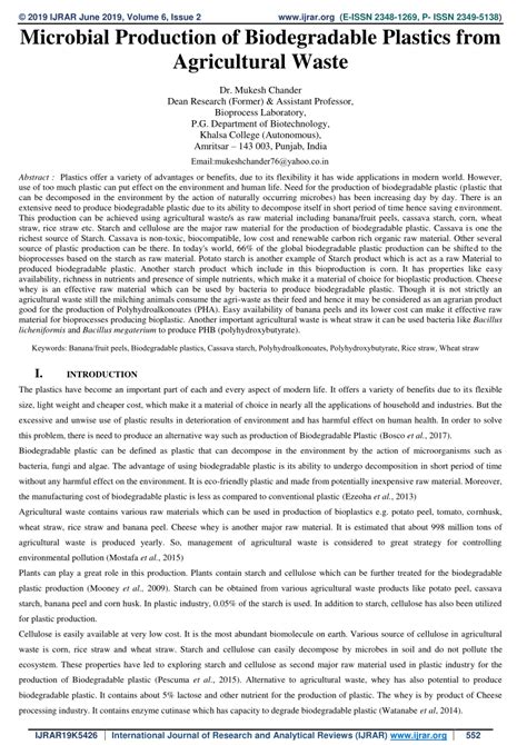 PDF Microbial Production Of Biodegradable Plastics From Agricultural Waste