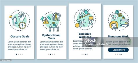 번아웃으로 인해 개념이 있는 온보딩 모바일 앱 페이지 화면이 발생합니다 모노톤 작업 과도한 워크로드 연습 4 단계 그래픽 지침