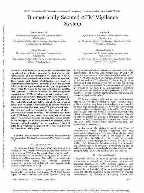 Biometrically Secured Atm Vigilance System Pdf Automated Teller Machine Biometrics