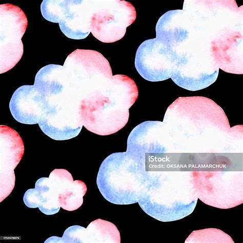 분홍색과 파란색의 귀여운 다채로운 구름의 원활한 패턴 수채화 손으로 그린 그림 다양한 디자인 배경 꾸미기 어린이 생일 및 파티 섬유 만들기 포장 포장지 0명에 대한 스톡
