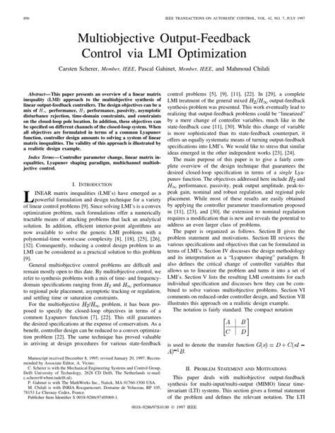 Pdf Multiobjective Output Feedback Control Via Lmi Optimization