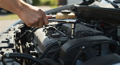Auto Repair: Hand Tightening Bolt on Car Engine with Ratchet Wrench, Maintenance Stock ...