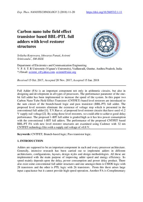 Pdf Carbon Nano Tube Field Effect Transistor Based Bbl Ptl Full Adders With Level Restorer