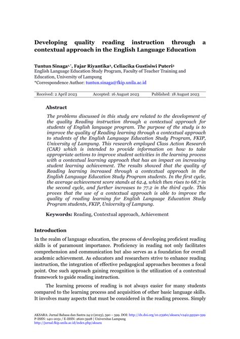Pdf Developing Quality Reading Instruction Through A Contextual Approach In The English