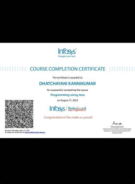 completed java programming course from infosys dhatchayani kannikumar