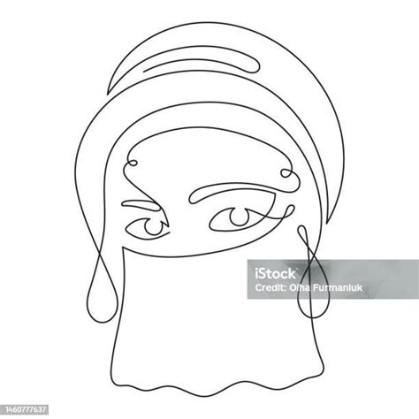 터번과 베일을 쓴 동부 여성 한 라인 아트 차도르 연속 윤곽을 입은 손으로 그린 동양 아랍 소녀 전통 민족 의상 편집 가능한 획 그래픽 티셔츠에 대한 스톡 벡터 아트 및