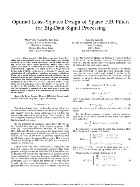 Optimal Least Squares Design Of Sparse Fir Filters For Big Data Signal Processing Pdf