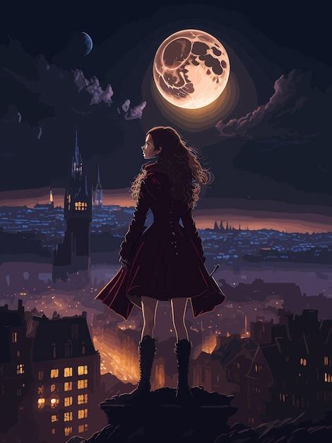 Una Mujer Parada En Una Cornisa Mirando La Luna Vector Premium