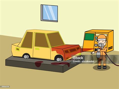 자동차 충돌에서 전문가 스프레이 페인팅 오토 바디 수리가 게 가리기에 대한 스톡 벡터 아트 및 기타 이미지 가리기 교통수단