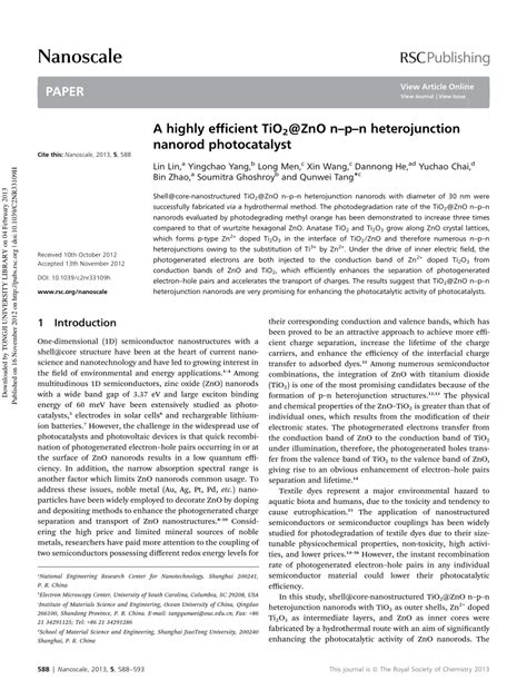Pdf A Highly Efficient Tio2 Zno N P N Heterojunction Nanorod Photocatalyst