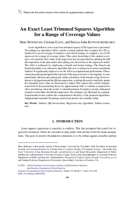Pdf An Exact Least Trimmed Squares Algorithm For A Range Of Coverage