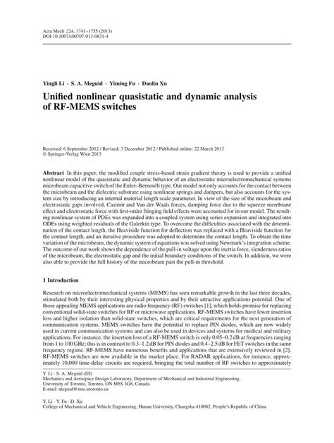 Pdf Unified Nonlinear Quasistatic And Dynamic Analysis Of Rf Mems