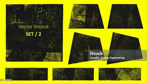 Linocut 기하학적 도형 릴리프 인쇄 세트 네 모서리 사각형 사다리꼴 줄무늬 거친 질감 모양 컬렉션 텍스트 프레임 예술적인 손으로 그린 배경 리노 잉크 오버레이 지저분한