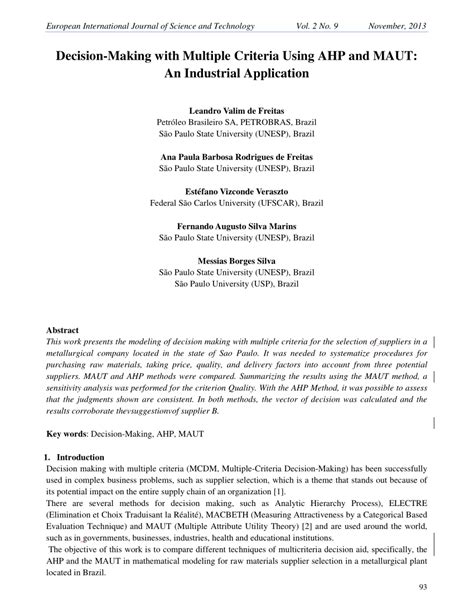 Pdf Decision Making With Multiple Criteria Using Ahp And Maut An Industrial Application