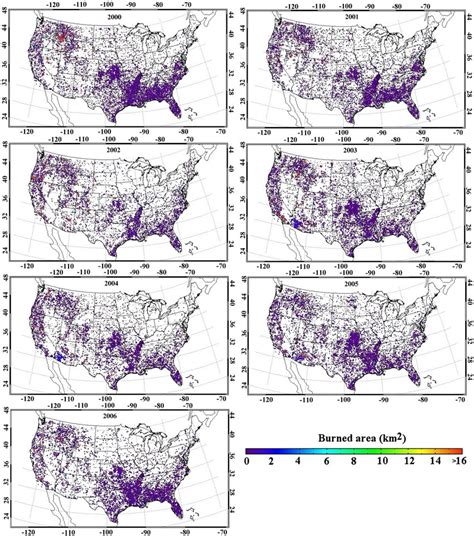 Spatial Patterns In Burned Areas Km 2 In Goes Fire Pixels From 2000 Download Scientific
