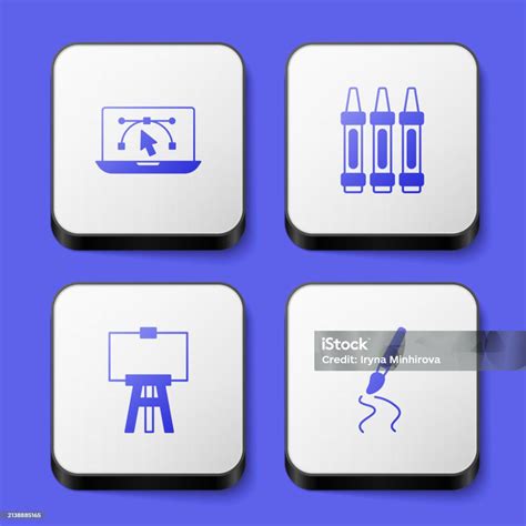 디자인 프로그램 왁스 크레용 나무 이젤 및 페인트 브러시 아이콘이 있는 컴퓨터를 설정합니다 흰색 사각형 버튼입니다 벡터 개념에