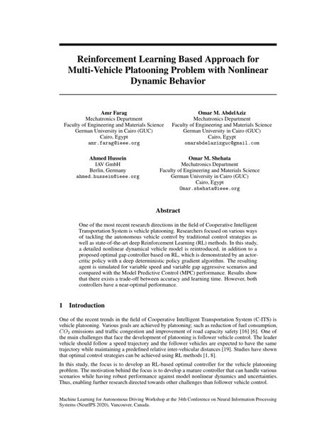 Pdf Reinforcement Learning Based Approach For Multi Vehicle Platooning Problem With Nonlinear