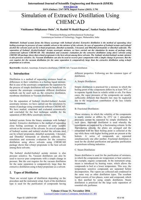Pdf Simulation Of Extractive Distillation Using Chemcad