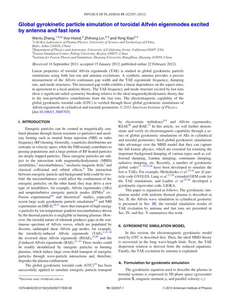 Pdf Global Gyrokinetic Particle Simulation Of Toroidal Alfvén Eigenmodes Excited By Antenna