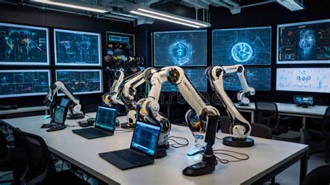 Advanced High Precision Robot Arms On Fully Automated Pcb Assembly Line Inside Modern