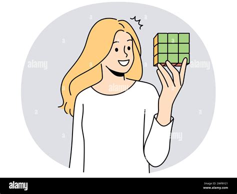 Smiling Woman Hold Rubik Cube Happy Girl Solving Logical Game Hobby And Creativity Vector