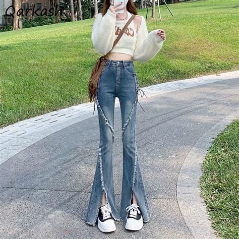 여성용 플레어 청바지 빈티지 캐주얼 슬림핏 찢어진 한국 스타일 심플하고 새로운 폴드 주름 긴 바지 붕대 세척 가을