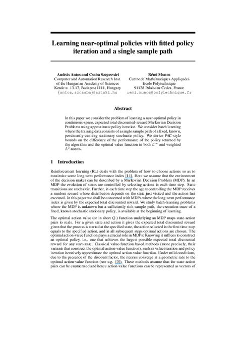 pdf learning near optimal policies with fitted policy iteration and a