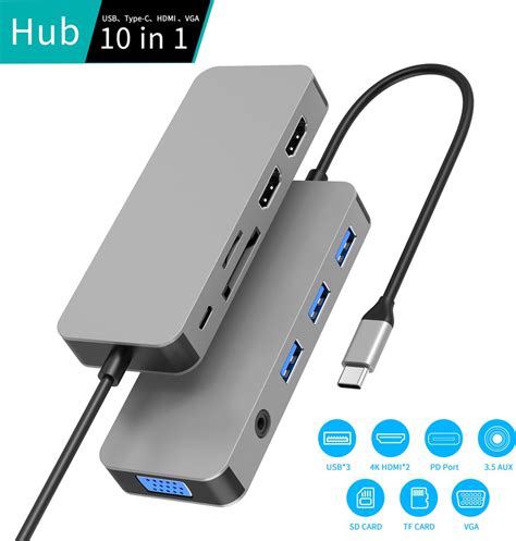 Sounix Usb C Docking Station 10 In 1 Usb C Hub Dual Hdmi Vga Usb 3 Tf Sd