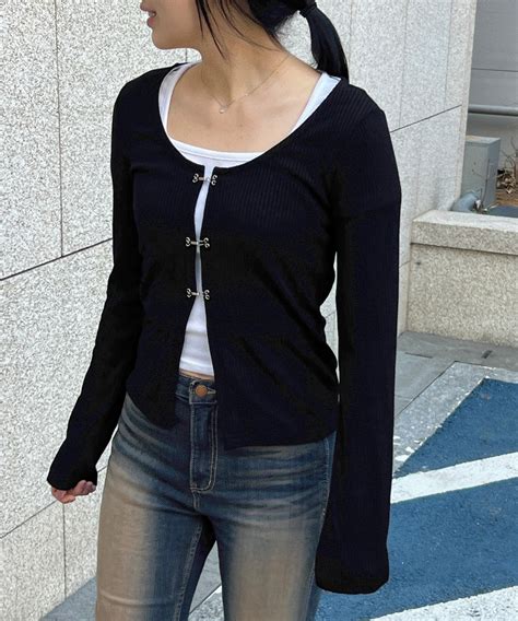 후크가디건 여리핏 체인 가디건 레이어드 에이블리