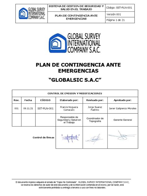 Sst Pln 001 Plan De Contingencia Pdf Primeros Auxilios Emergencia