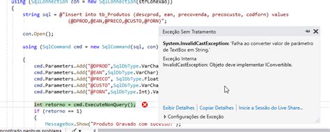 c erro de conversão ao tentar salvar no banco sql server stack