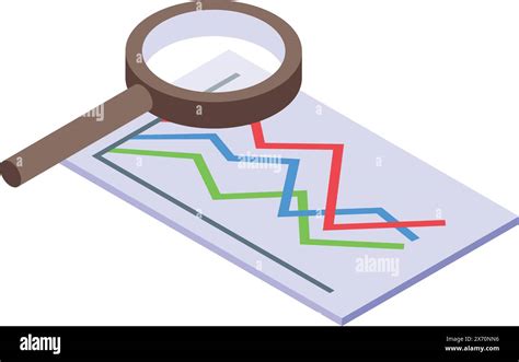 Isometric Illustration Of A Magnifying Glass Over Paper With Colorful Growth Charts Stock Vector