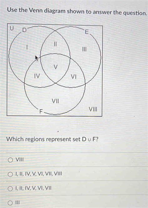 Use The Venn Diagram Shown To Answer The Question Which Regions Represent Set D F VIII Math