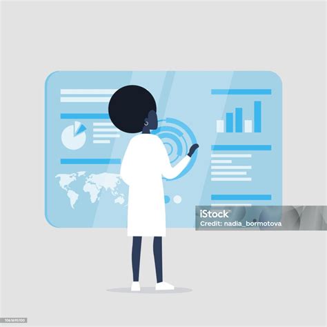 젊은 흑인 여성 천년 문자 블루 투명 미래의 화면을 모니터링 개념적 미래의 기술 평면 편집 가능한 벡터 일러스트 레이 션 클립