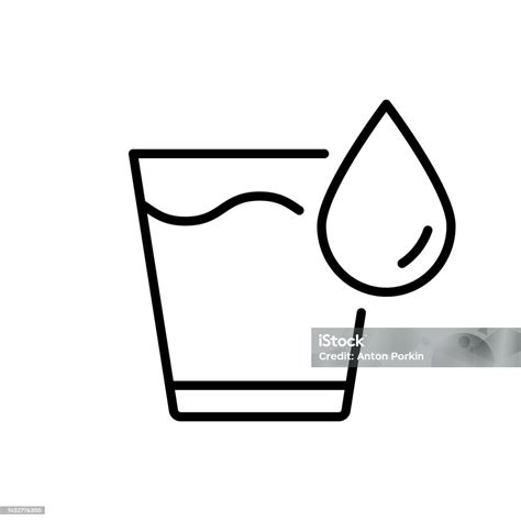 드롭 라인 아이콘이있는 물 한 잔 마시는 유리 개요 픽토그램 깨끗한 물 아이콘의 유리 편집 가능한 스트로크 벡터 일러스트 레이 션 가득 찬에 대한 스톡 벡터 아트 및 기타