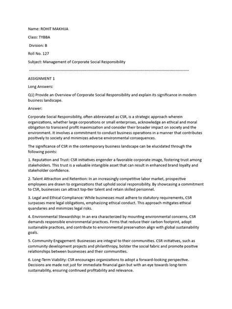 Csr Assignment Pdf Corporate Social Responsibility Sustainability