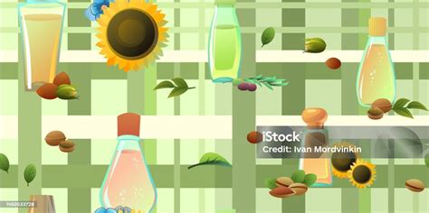 천연 오일 해바라기 아마 및 견과류 견과류와 식물 씨앗에서 추출 깨끗한 자연 식품 건강한 라이프 스타일과 요리를위한 제품 녹색 그림입니다 흰색 배경에 격리 벡터 0명에 대한