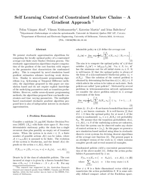 Pdf Self Learning Control Of Constrained Markov Chains A Gradient