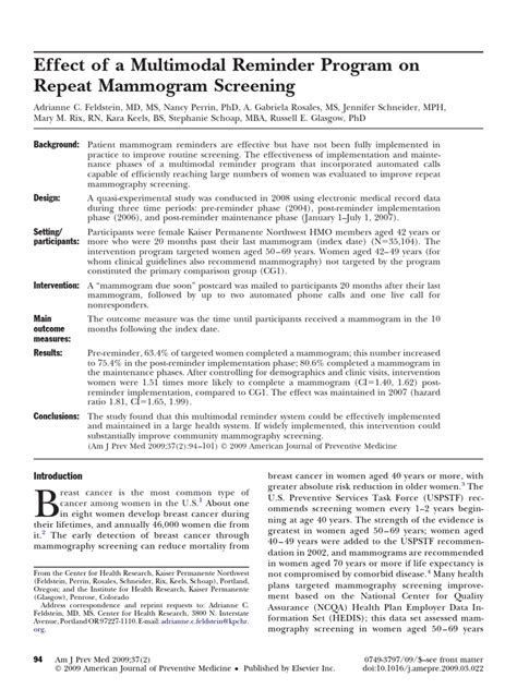 Effect Of A Multimodal Reminder Program On Repeat Pdf Mammography
