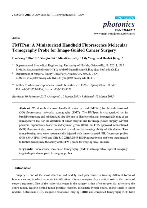 Pdf Fmtpen A Miniaturized Handheld Fluorescence Molecular Tomography Probe For Image Guided