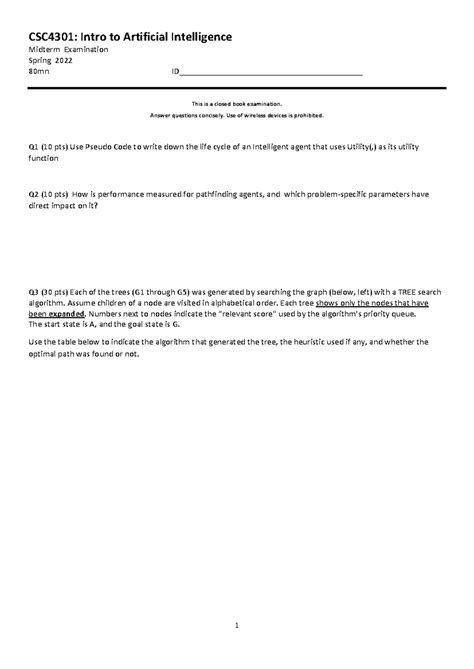 Mock Midterm Spring 2022 Csc 4301 Intro To Artificial Intelligence Midterm Examination