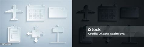 트래픽 기호 봉투 배달 목록 클립보드 확인 메일 열기 캘린더 및 평면 아이콘으로 골판지 상자를 설정합니다 벡터 3차원 형태에 대한 스톡 벡터 아트 및 기타 이미지 Istock