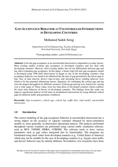 Pdf Gap Acceptance Behavior At Uncontrolled Intersections In Developing Countries