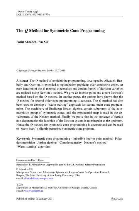 Pdf The Q Method For Symmetric Cone Optimization